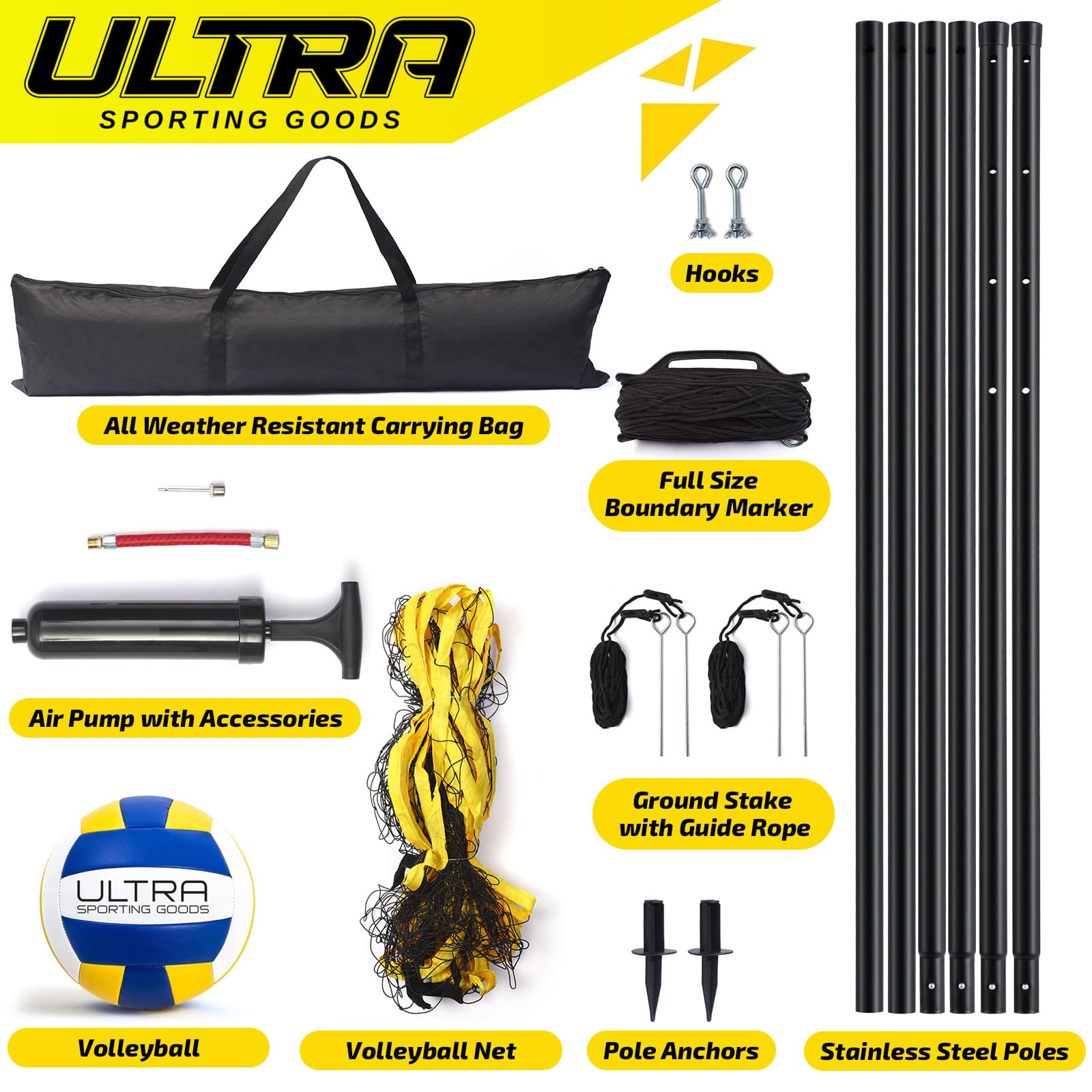Volleyball Net Outdoor - Includes 32x3 Feet Regulation Size Net, 8.5-Inch PU Volleyball, Carrying Bag, Boundary Lines, Steel Poles & Pump - Volleyball Net for Backyard, Beach, or Pool