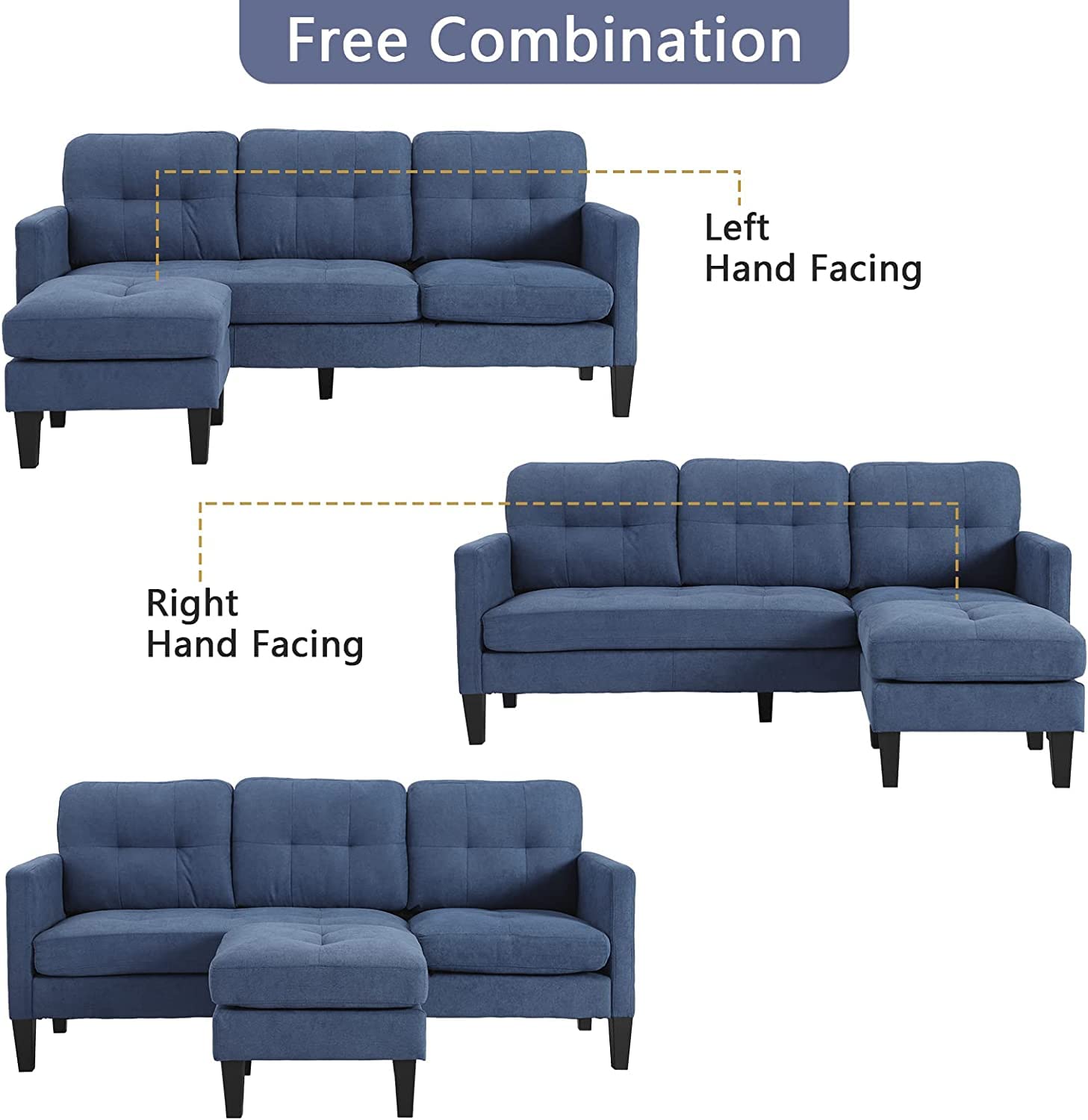 Grepatio Convertible Sectional Sofa Couch, L-Shaped Couch with Modern Linen Fabric for Small Space (Blue)