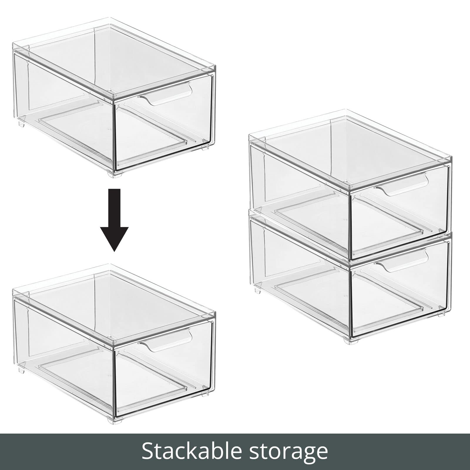 mDesign Stackable Storage Containers Box with Pull-Out Drawer - Stacking Plastic Drawers Bins for Kitchen Pantry and Cupboard, Cabinet, Counter, Island and Tables - Lumiere Collection - 2 Pack - Clear