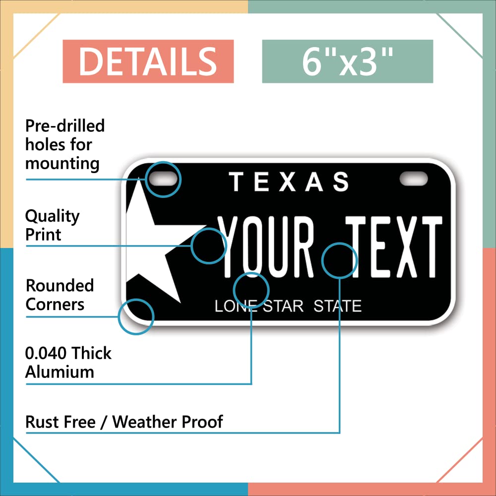 InkMyPlate Personalized Texas Black Mini License Plate | Choose from 50 States | Bike 6x3 inch | Custom License Plate for Kids Pow 6inchX3inch