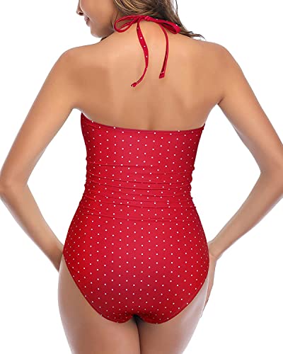 Tempt Me Women Red Polka Dot Sexy Cutout One Piece Swimsuits Tummy Control High Waisted Halter Front Tie Knot Bathing Suit L