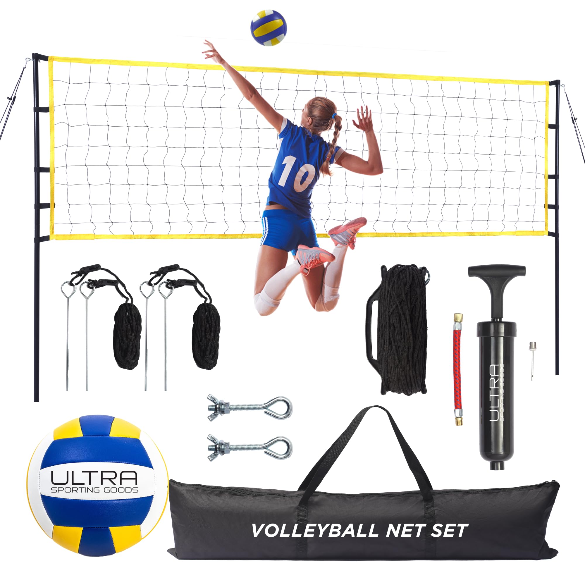 Volleyball Net Outdoor - Includes 32x3 Feet Regulation Size Net, 8.5-Inch PU Volleyball, Carrying Bag, Boundary Lines, Steel Poles & Pump - Volleyball Net for Backyard, Beach, or Pool