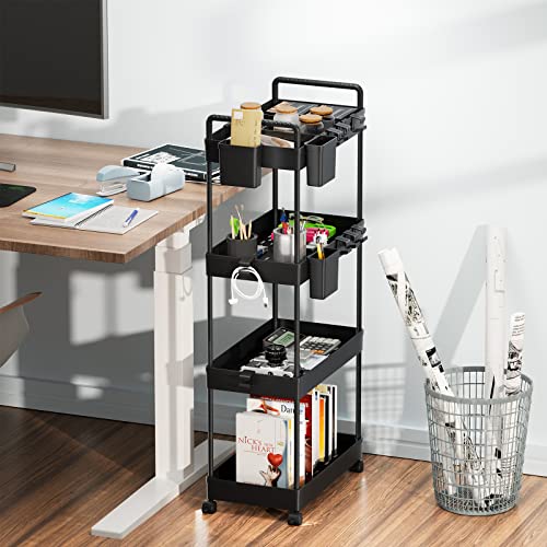 Mosxoed Slim Storage Cart Rolling Utility Cart with Wheels 4 Tier Mobile Bathroom Organizer Cart for Laundry Room Kitchen Office Narrow Space with Handle Hanging Cups Dividers, Black, 35" H