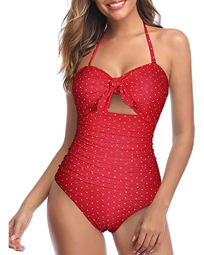 Tempt Me Women Red Polka Dot Sexy Cutout One Piece Swimsuits Tummy Control High Waisted Halter Front Tie Knot Bathing Suit L