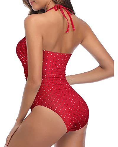 Tempt Me Women Red Polka Dot Sexy Cutout One Piece Swimsuits Tummy Control High Waisted Halter Front Tie Knot Bathing Suit L