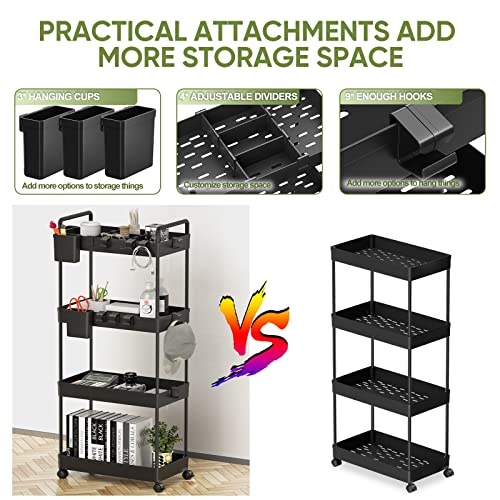Mosxoed Slim Storage Cart Rolling Utility Cart with Wheels 4 Tier Mobile Bathroom Organizer Cart for Laundry Room Kitchen Office Narrow Space with Handle Hanging Cups Dividers, Black, 35" H