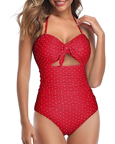 Tempt Me Women Red Polka Dot Sexy Cutout One Piece Swimsuits Tummy Control High Waisted Halter Front Tie Knot Bathing Suit L