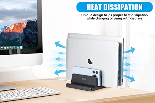 Ryvlan Vertical Laptop Stand, Adjustable 3 Slot Laptop Storage with Rubber Padding, Multiple Laptop Holder for Desk, Premium Plastic MacBook Holder - Ipad Shelf, Kindle, Tablet Storage - Black