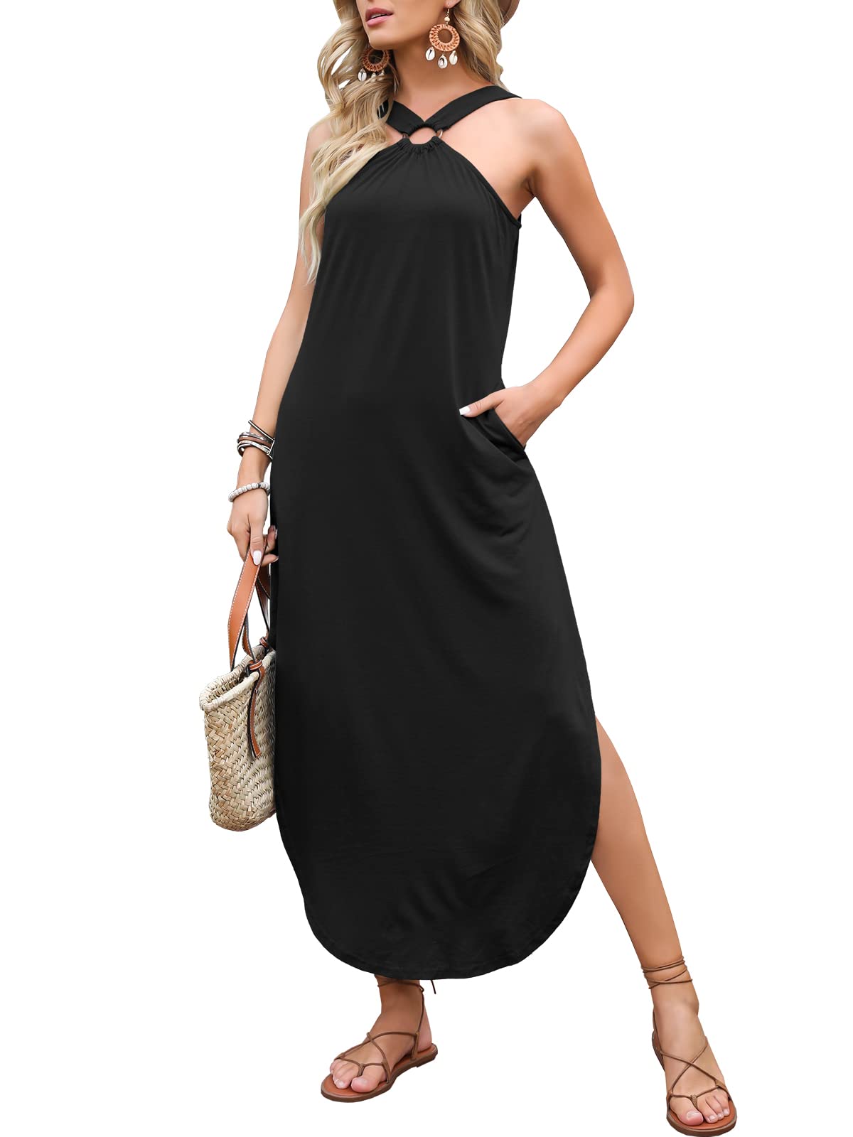 ANRABESS Women Summer Halter Neck Sundress Sleeveless Split Side Casual Beach Travel Vacation Maxi Long Dress with Pockets Black Medium