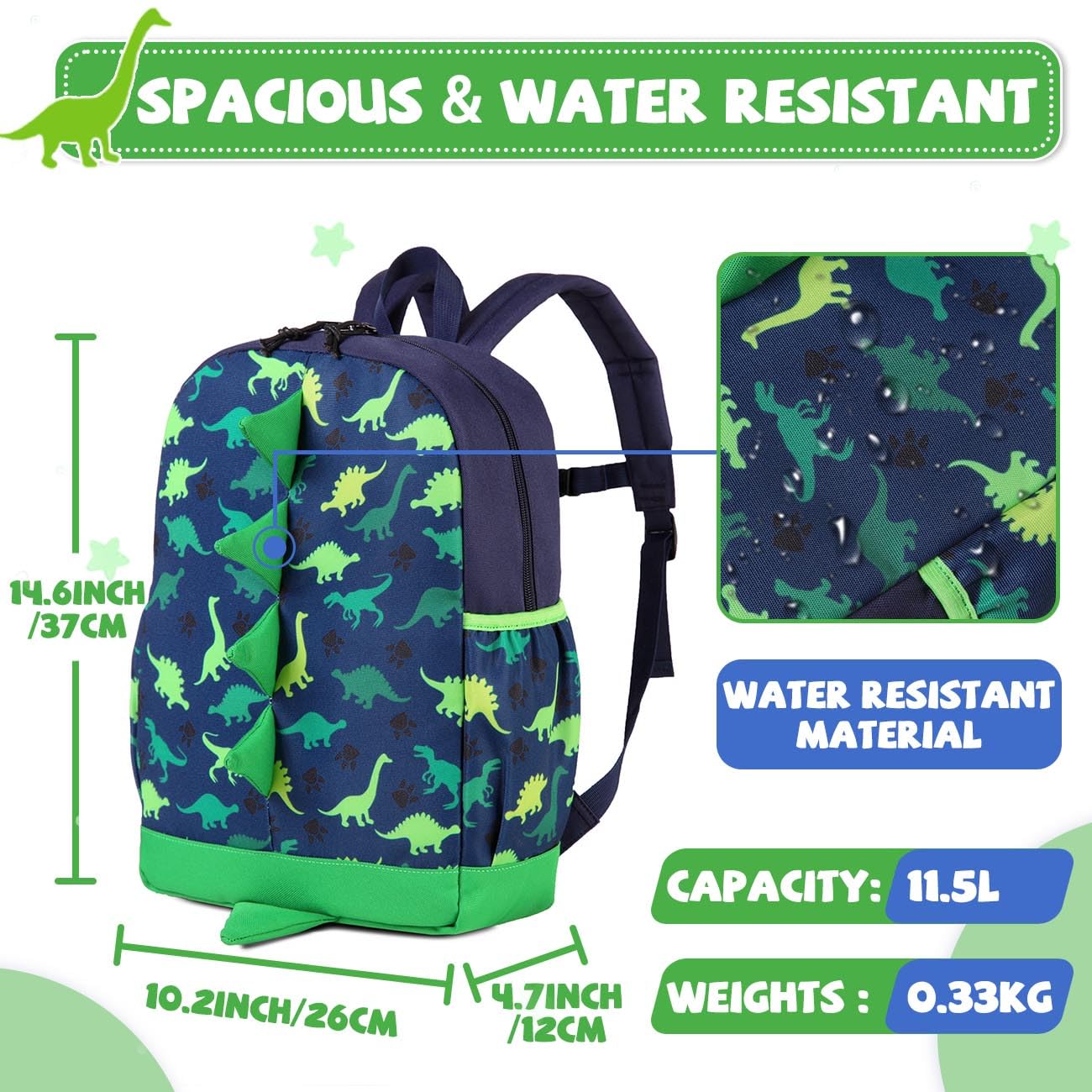 VASCHY Dinosaur Toddler Backpacks, Cute Water Resistant Little Boys Girls Backpack Chest Strap for Kindergarten,Rucksack Schoolbag Bookbag for Kids Green
