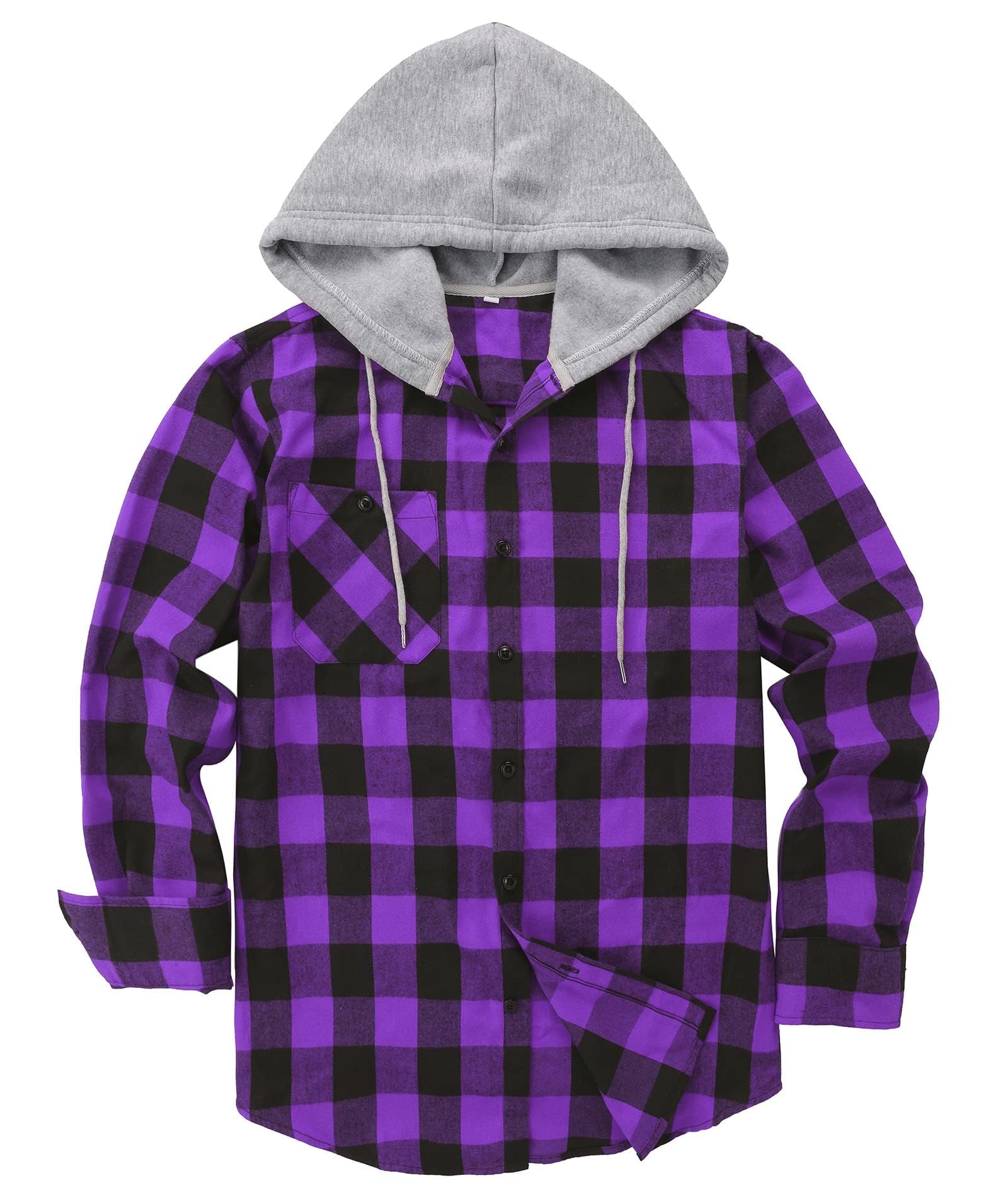 ZITY Men's Flannel Hoodie Shirts Casual Button Down Plaid Shirt Jackets for Men Long Sleeve Stylish Hooded with Pocket Black Purple Medium