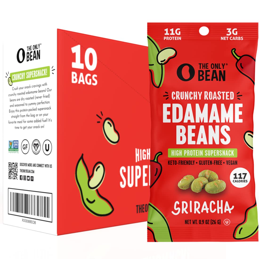 The Only Bean Crunchy Roasted Edamame Snacks Pack (Sriracha), Protien Keto Food, Gluten Free, Asian Chinese Korean Japanese Snacks, Hot Spicy Snack Low 100 Calorie, 0.9oz 10 Pack