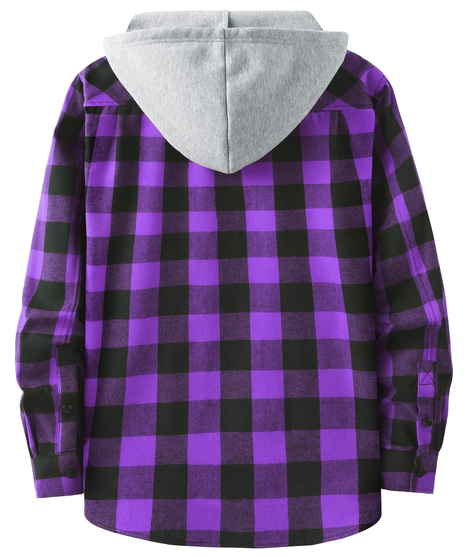 ZITY Men's Flannel Hoodie Shirts Casual Button Down Plaid Shirt Jackets for Men Long Sleeve Stylish Hooded with Pocket Black Purple Medium