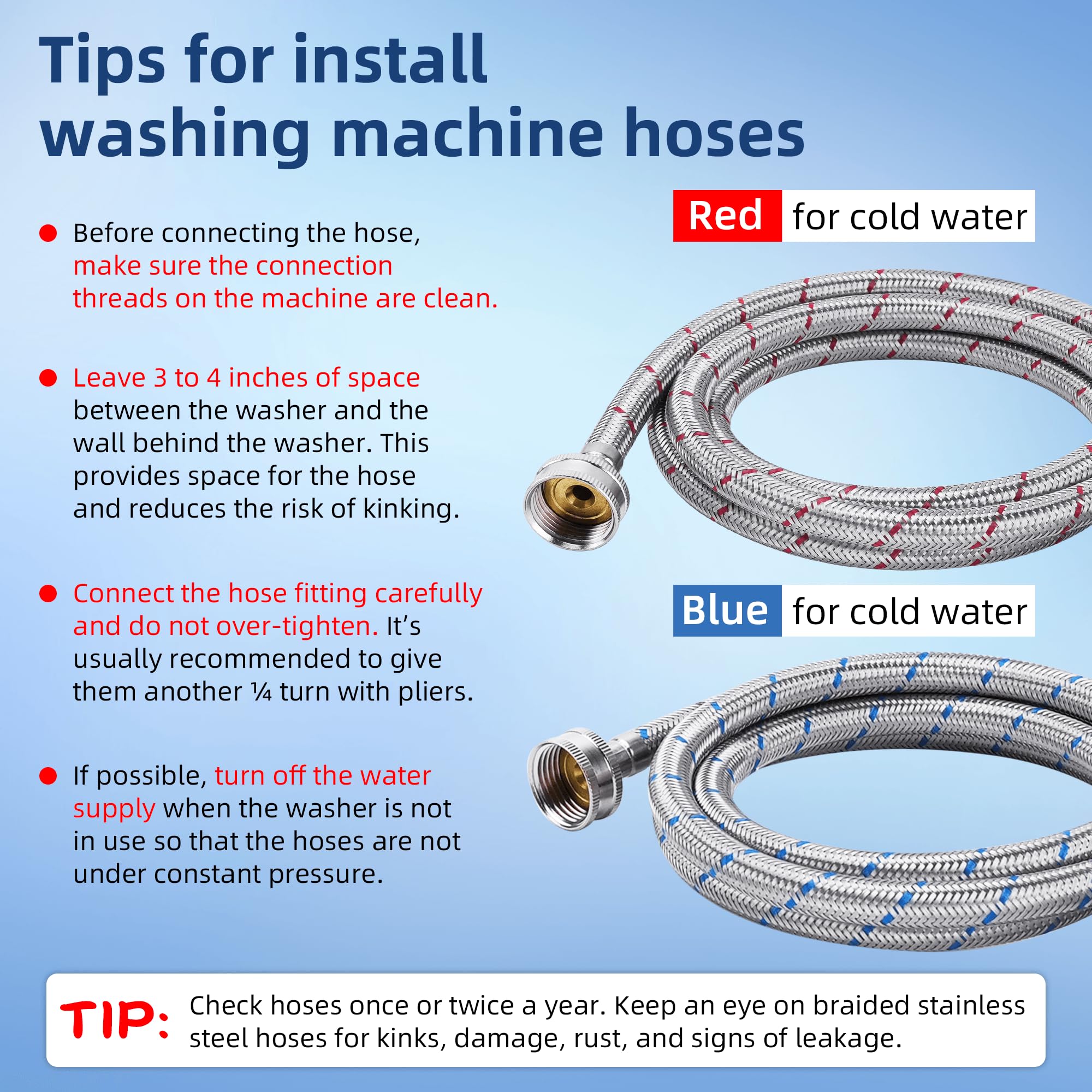 6FT Stainless Steel Washing Machine Hoses 3/4" NPT Connection Red and Blue Braid Water Supply Lines by Fetechmate Hot and Cold Premium Washer Hoses (2 Pack) - 10 YEAR WARRANTY