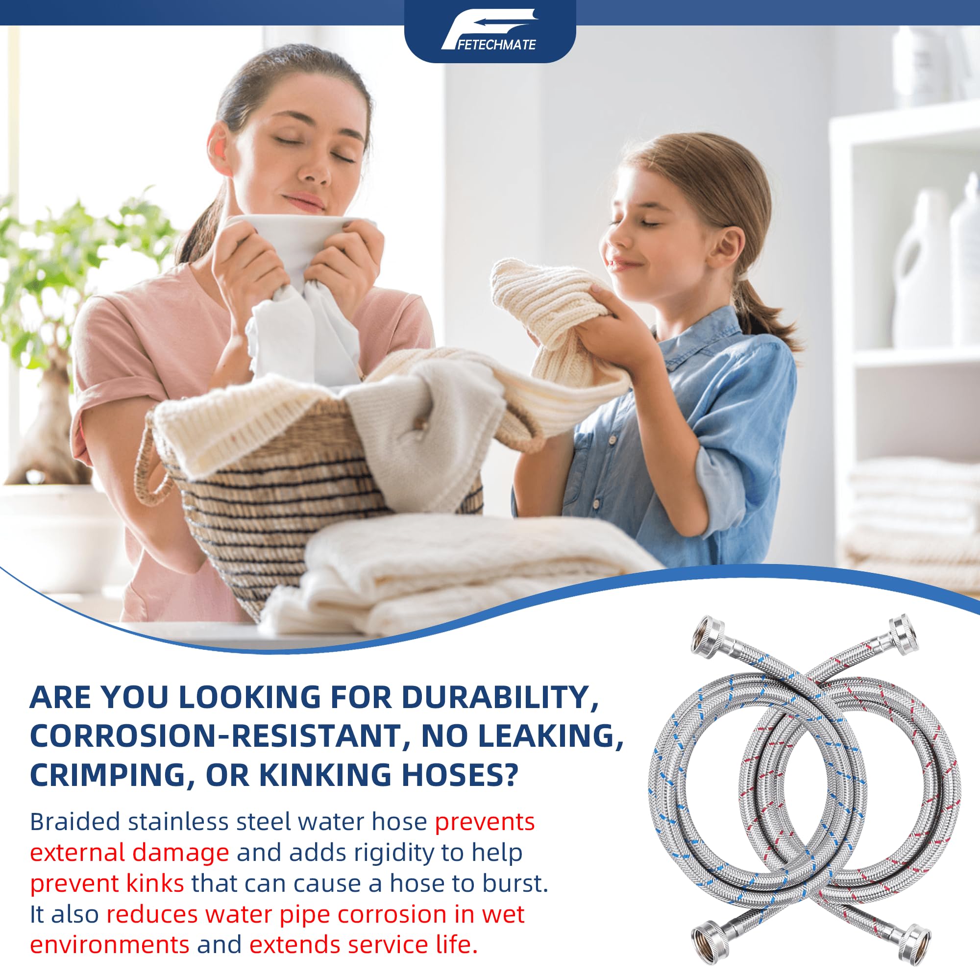 6FT Stainless Steel Washing Machine Hoses 3/4" NPT Connection Red and Blue Braid Water Supply Lines by Fetechmate Hot and Cold Premium Washer Hoses (2 Pack) - 10 YEAR WARRANTY