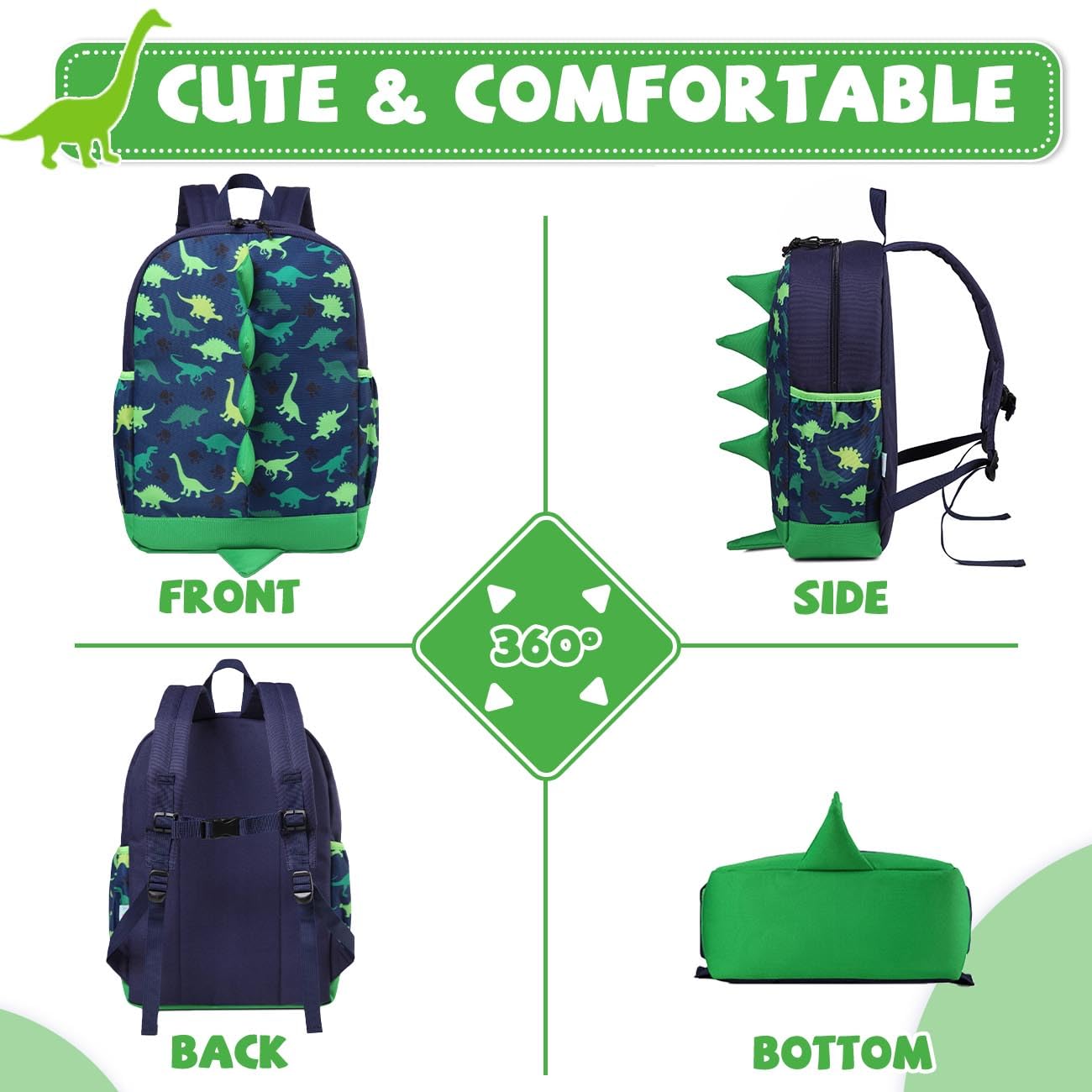 VASCHY Dinosaur Toddler Backpacks, Cute Water Resistant Little Boys Girls Backpack Chest Strap for Kindergarten,Rucksack Schoolbag Bookbag for Kids Green