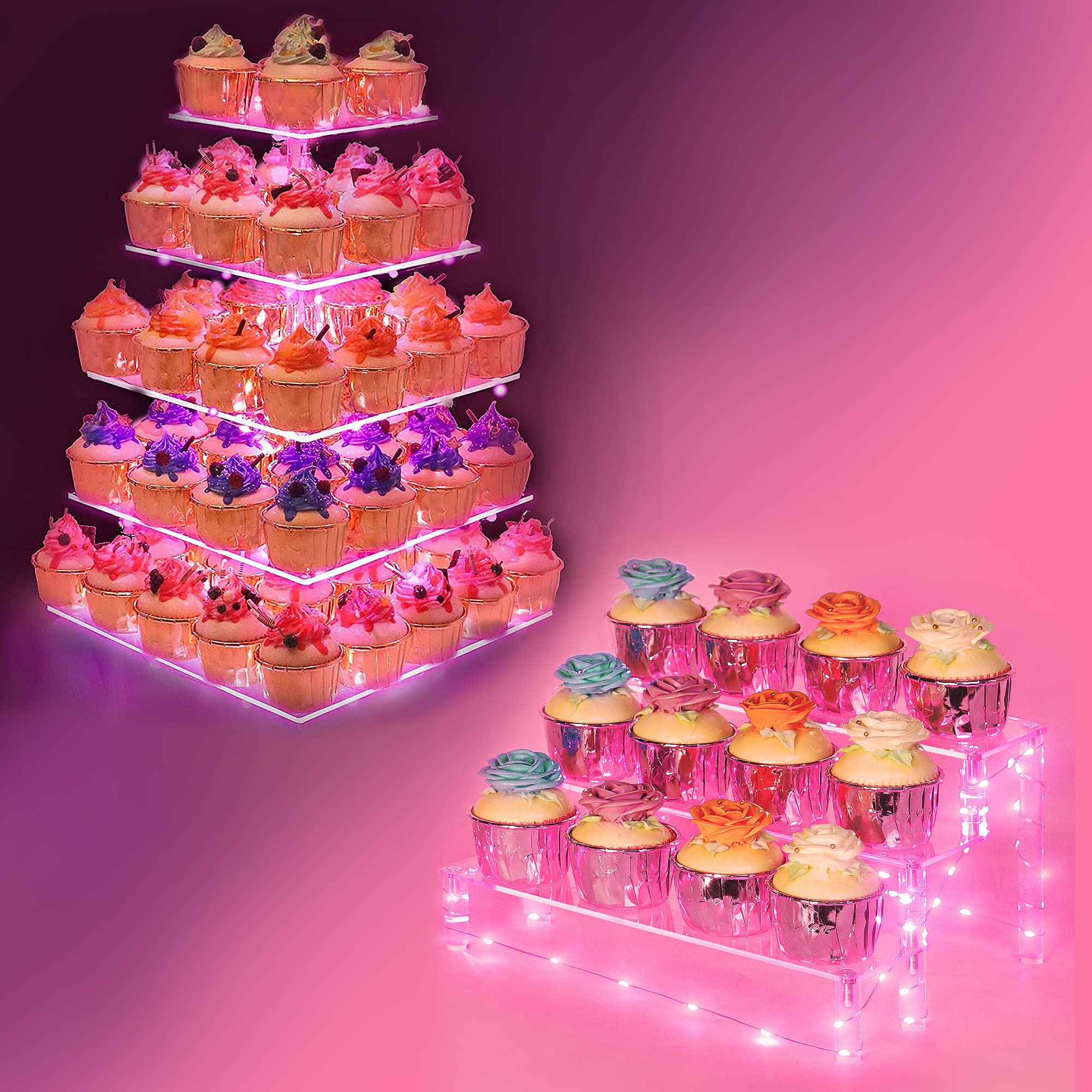 YestBuy 3 Tier Shelf Cupcake Stand (Pink) + 5 Tier Premium Cupcake Holder (Pink)