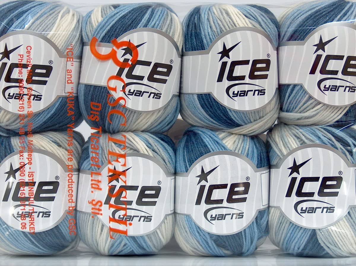 Lot of 8 Skeins Ice Yarns Alara Batik (50% Cotton) Yarn Blue Shades Light Grey Light Cream