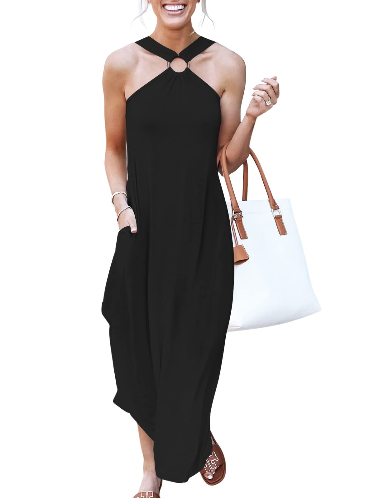 ANRABESS Women Summer Halter Neck Sundress Sleeveless Split Side Casual Beach Travel Vacation Maxi Long Dress with Pockets Black Medium