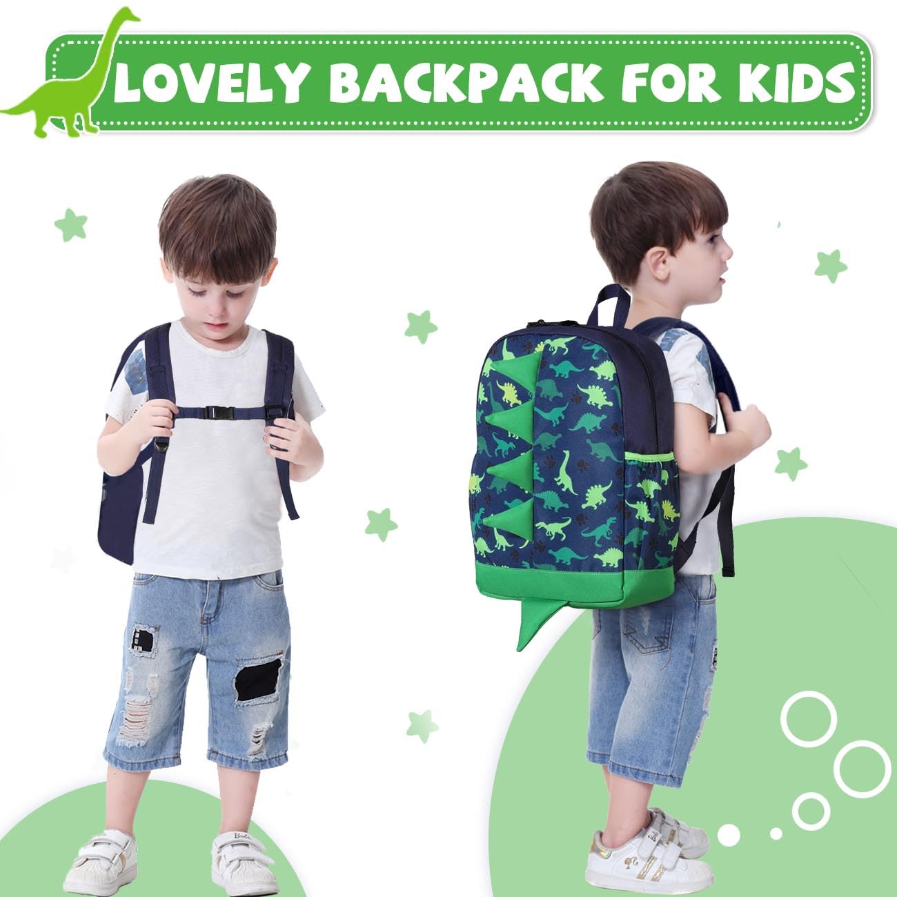 VASCHY Dinosaur Toddler Backpacks, Cute Water Resistant Little Boys Girls Backpack Chest Strap for Kindergarten,Rucksack Schoolbag Bookbag for Kids Green