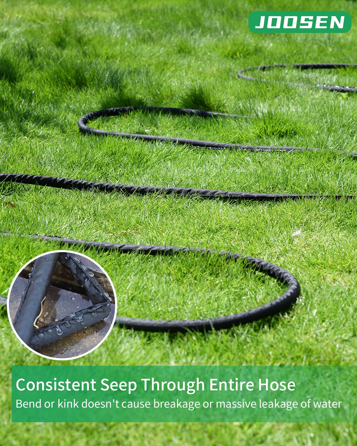 JOOSEN Soaker Hose 50ft 1/2" Flat Double Layer Consistent Drip Hose Saving 80% Water Leakproof Kink Free Vegetable Garden Pvc Hose