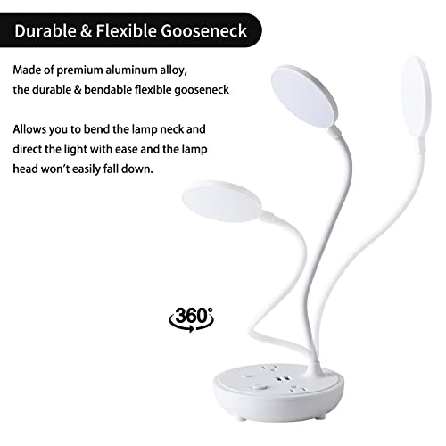 LED Desk Lamp, Eye-Caring Desk Lamp for Home Office, Adjustable Gooseneck Desk Light with 2 USB Charging Port and 2 AC Power Outlet, Super Bright Small Desk Lamp as Bedside Reading Lamp, Study Lamp