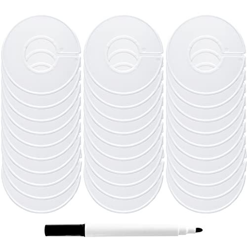 30Pack Clothing Size Dividers, Closet Dividers Rack Wardrobe Organizer Hanger Label Round Dividers with Marker Pen for Clothes for Baby, Kids, Families at Home, Shop, Retail, Store(White, Blank)