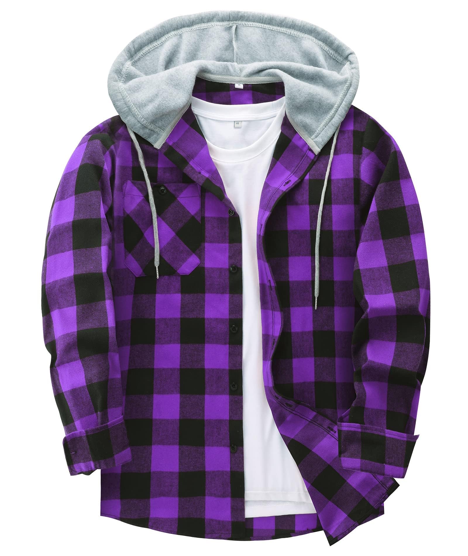ZITY Men's Flannel Hoodie Shirts Casual Button Down Plaid Shirt Jackets for Men Long Sleeve Stylish Hooded with Pocket Black Purple Medium