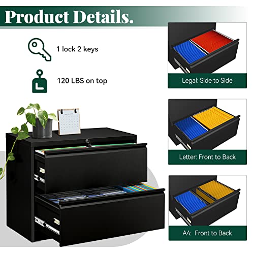 INTERGREAT Lateral File Cabinet with 2 Drawer, Black Lateral Filing Cabinet with Lock, Metal Steel Black File Cabinets for Home Office