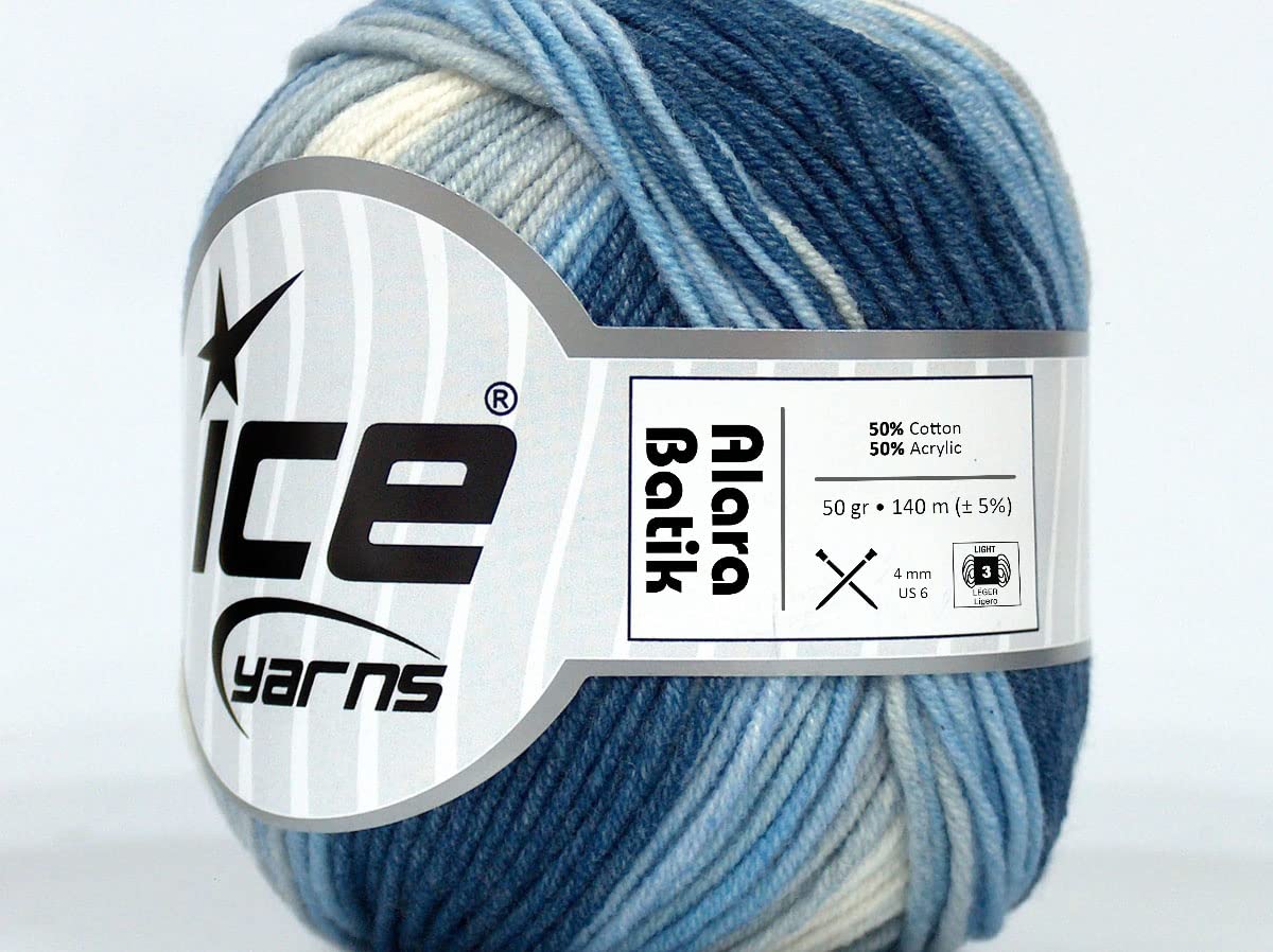 Lot of 8 Skeins Ice Yarns Alara Batik (50% Cotton) Yarn Blue Shades Light Grey Light Cream