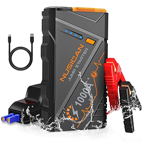 NUSICAN Car Jump Starter Portable, 1000A Peak Battery Charger Jumper Starter for up to 7L Gas or 5.5L Diesel Engine, 12V 12800mAh Lithium Battery Booster Jump Box with Smart Clamp Cables, LED Light