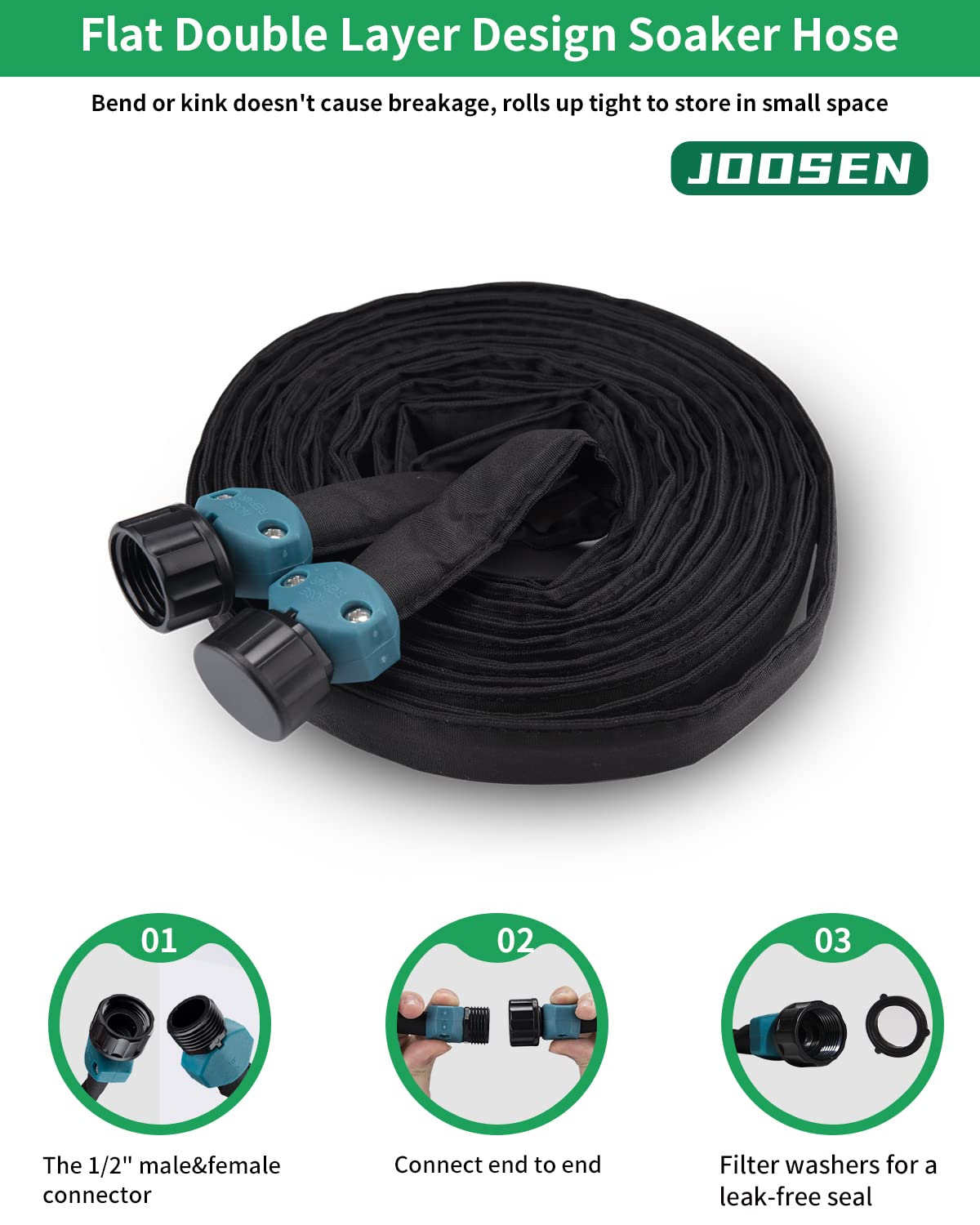 JOOSEN Soaker Hose 50ft 1/2" Flat Double Layer Consistent Drip Hose Saving 80% Water Leakproof Kink Free Vegetable Garden Pvc Hose