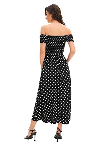 Floerns Women's Boho Floral Print Off Shoulder Split Long A Line Dress Black White Dots S