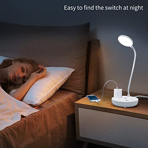 LED Desk Lamp, Eye-Caring Desk Lamp for Home Office, Adjustable Gooseneck Desk Light with 2 USB Charging Port and 2 AC Power Outlet, Super Bright Small Desk Lamp as Bedside Reading Lamp, Study Lamp