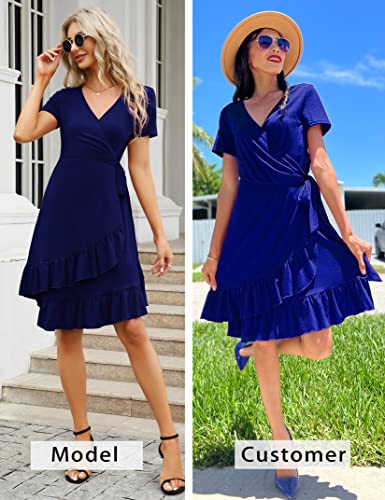 MISSKY Summer Womens Short Sleeve Wrap Dress Deep V Neck High Waist Flowy Swing Ruffle Hem Graduation Blue Midi Dresses with Belt