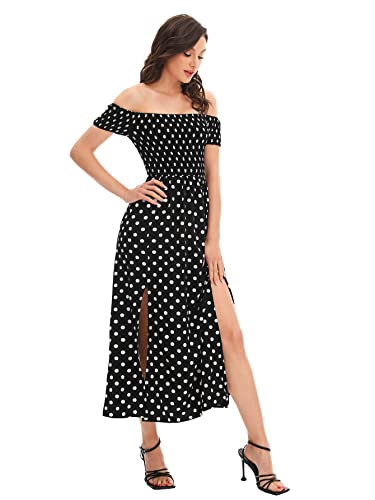 Floerns Women's Boho Floral Print Off Shoulder Split Long A Line Dress Black White Dots S