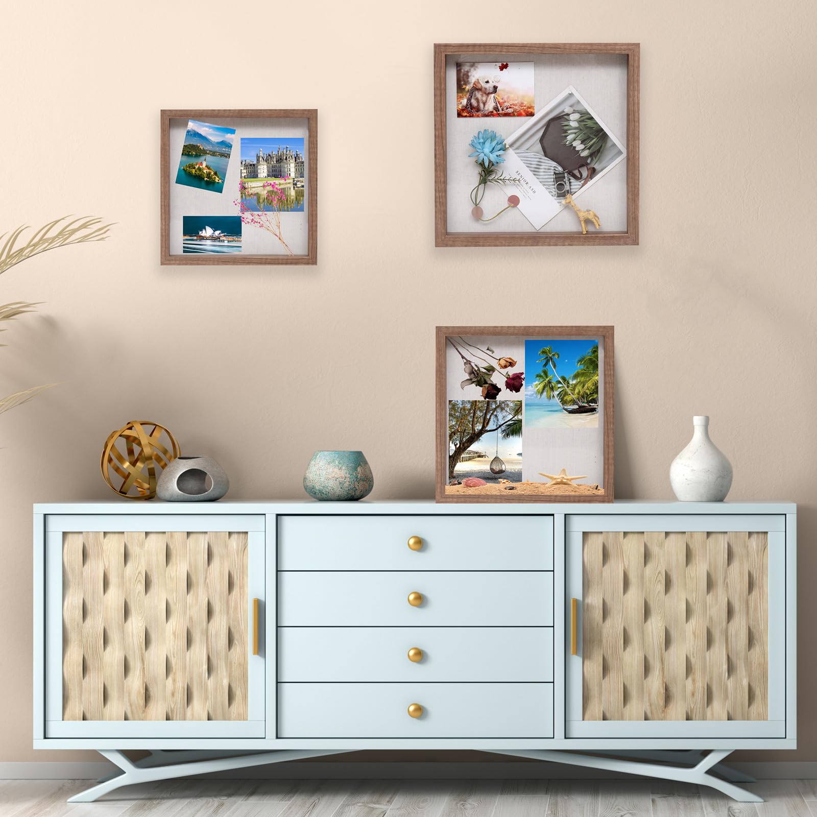 Muzilife 8x8 Shadow Box Picture Frame with Linen Board - Deep Wood & Glass Display Rustic Case Ready to Hang Memorabilia, Pins, Awards, Medals, Wedding, Tickets, and Photos, Carbonized Small