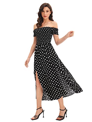 Floerns Women's Boho Floral Print Off Shoulder Split Long A Line Dress Black White Dots S