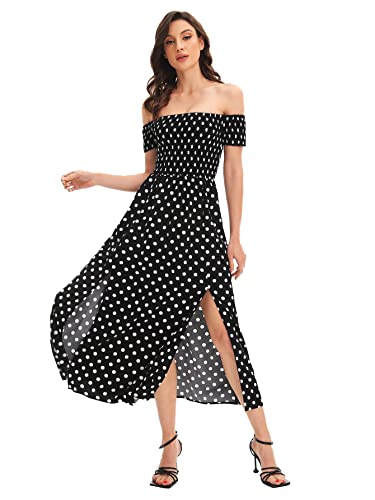 Floerns Women's Boho Floral Print Off Shoulder Split Long A Line Dress Black White Dots S