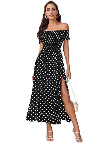 Floerns Women's Boho Floral Print Off Shoulder Split Long A Line Dress Black White Dots S