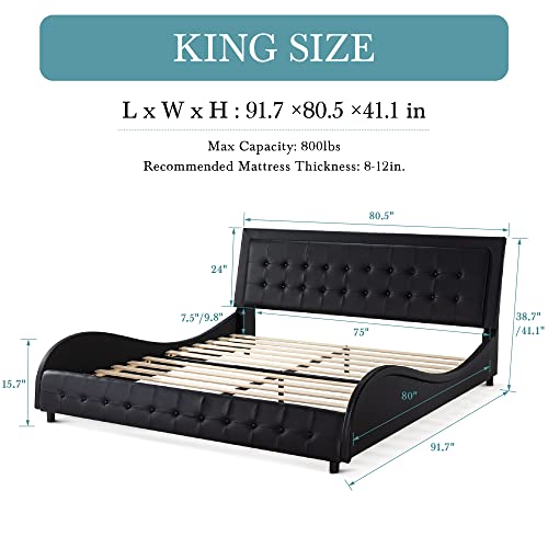 HOOMIC King Size Platform Bed Frame with Adjustable Headboard, Upholstered Bed, Mattress Foundation, Wood Slat Support, No Box Spring Needed, Easy Assembly, Black