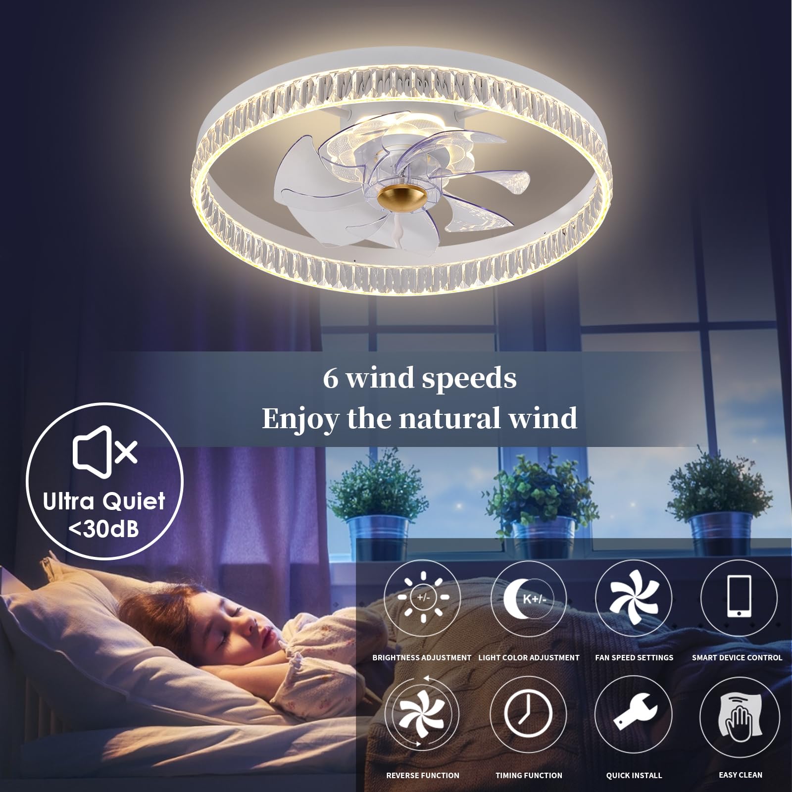 Fszdorj 20‘’ Ceiling Fan with Light, 2024 Upgraded, Low Profile Fan, Flush Mount Ceiling Fan, 6 Speeds, Dimmable LED, App & Remote Control, Quiet DC Motor, For Bedroom, Living Room, F092 White