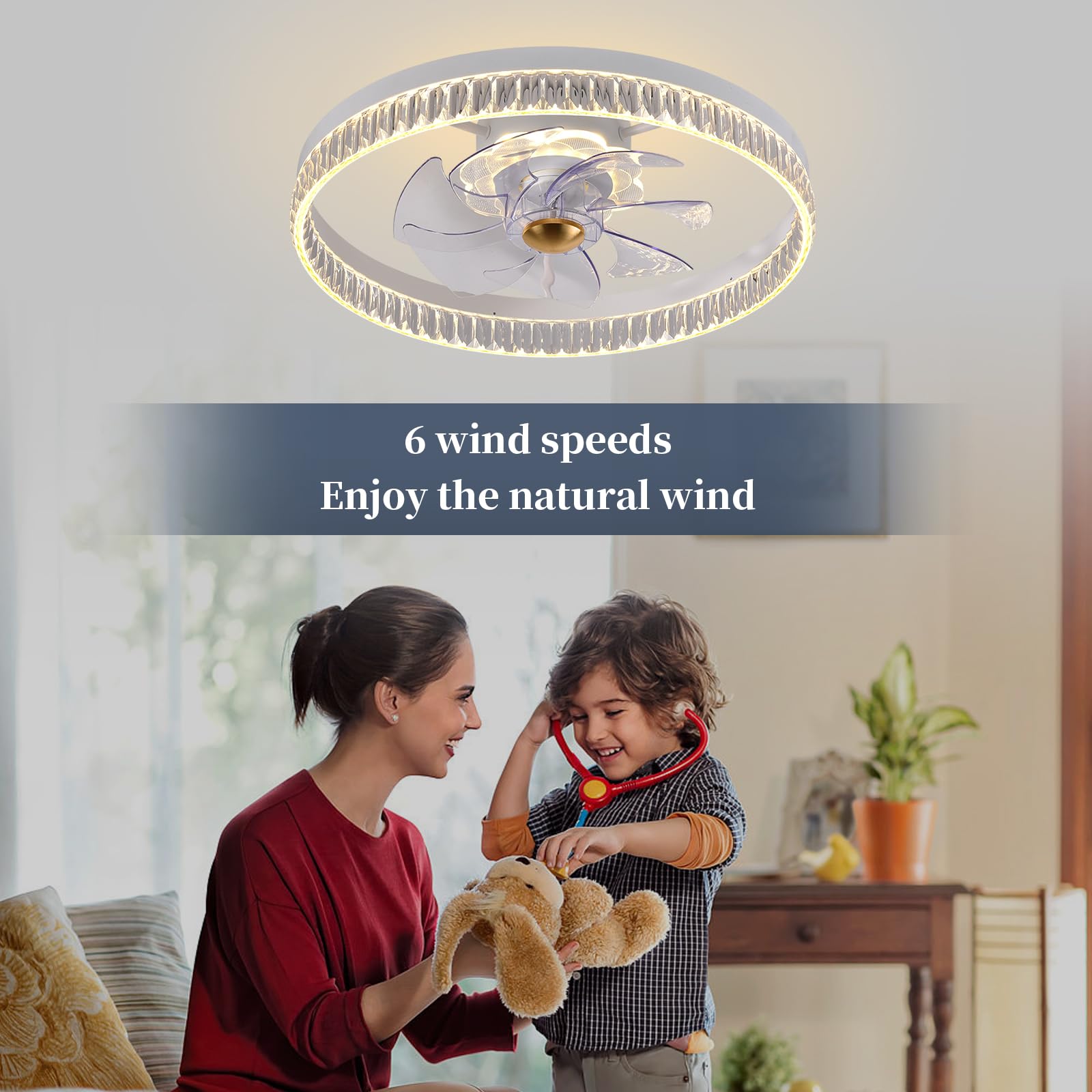 Fszdorj 20‘’ Ceiling Fan with Light, 2024 Upgraded, Low Profile Fan, Flush Mount Ceiling Fan, 6 Speeds, Dimmable LED, App & Remote Control, Quiet DC Motor, For Bedroom, Living Room, F092 White