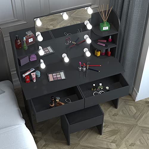 Large Vanity Set with 10 Lights Bulbs, 42-inch Makeup Vanity Mirror with Lights, Makeup Table with 2 Drawers & Cushioned Stool & Storage Shelves, Dressing Table for Women, Girls, Bedroom (Black)