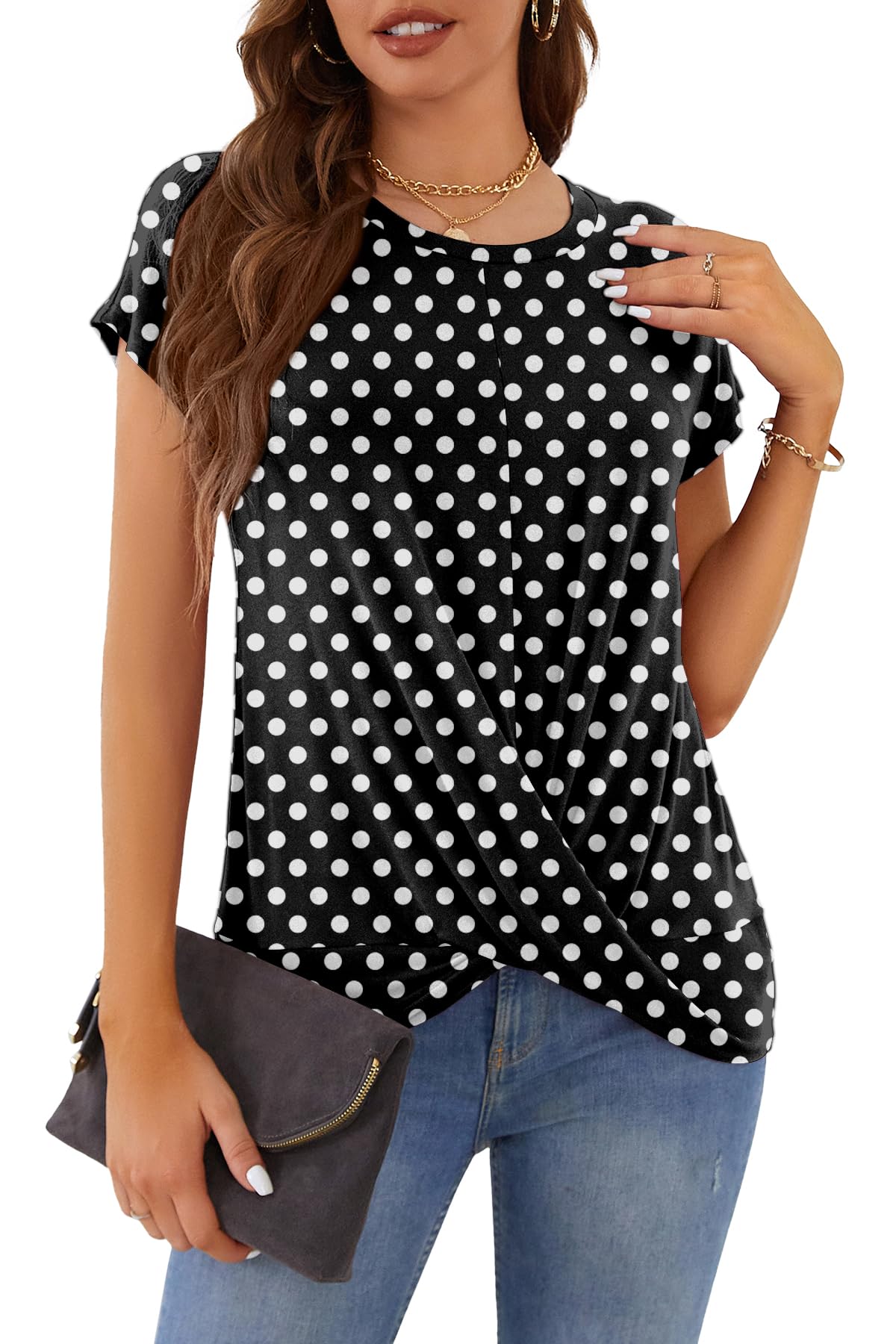 YSYOKOW Women's Blouses Casual Summer Short Sleeve T Shirts Loose Front Twist Tops(Polka Dot Black, X-Large)