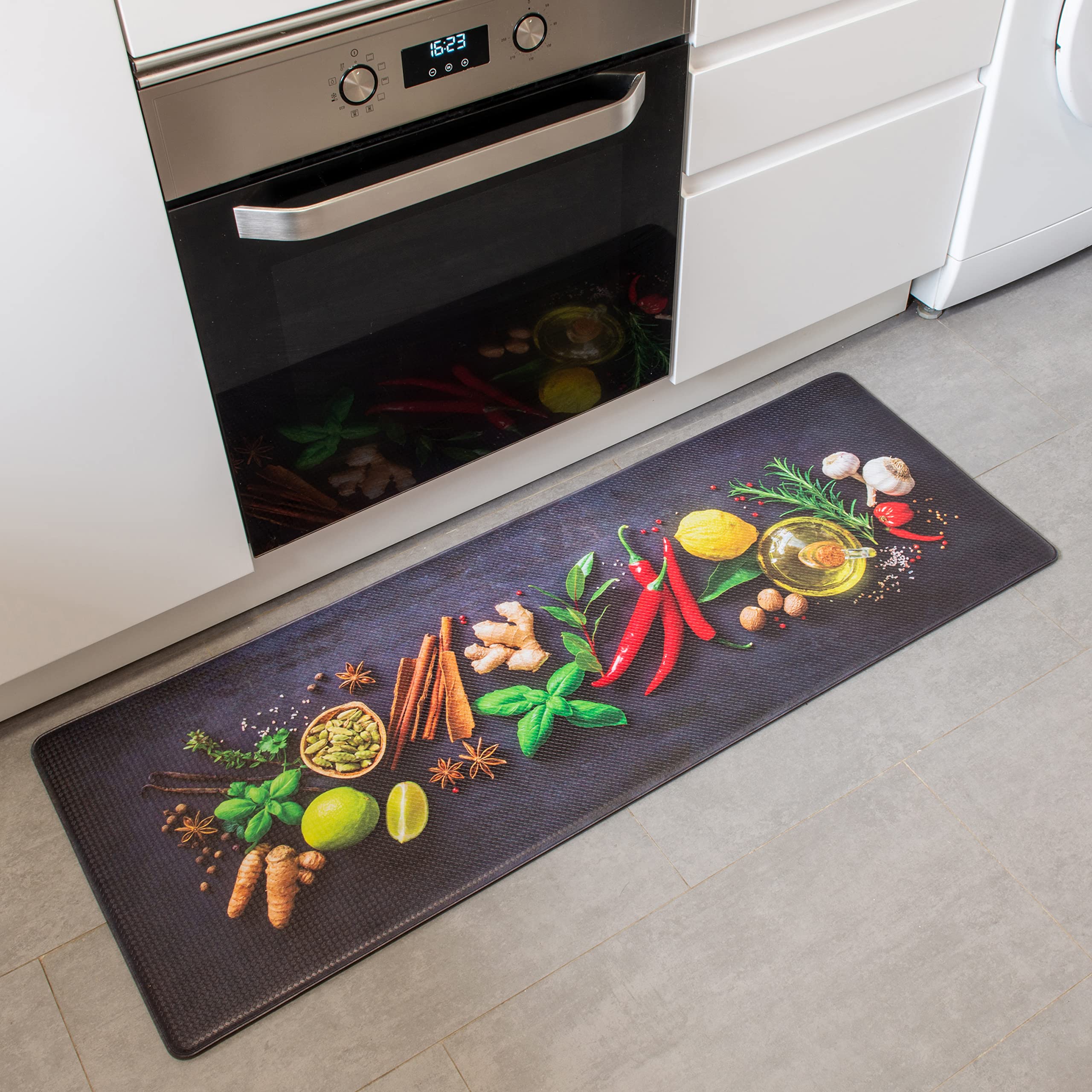 BAMBIKI Artistic Anti Fatigue Kitchen Mat for Floor - Colorful and Fun Mats - Comfort and Relaxing Memory Foam Rug - Stylish Mat - Waterproof - Easy Wipe Clean - Spice Art - 48āx17.5āx12mm