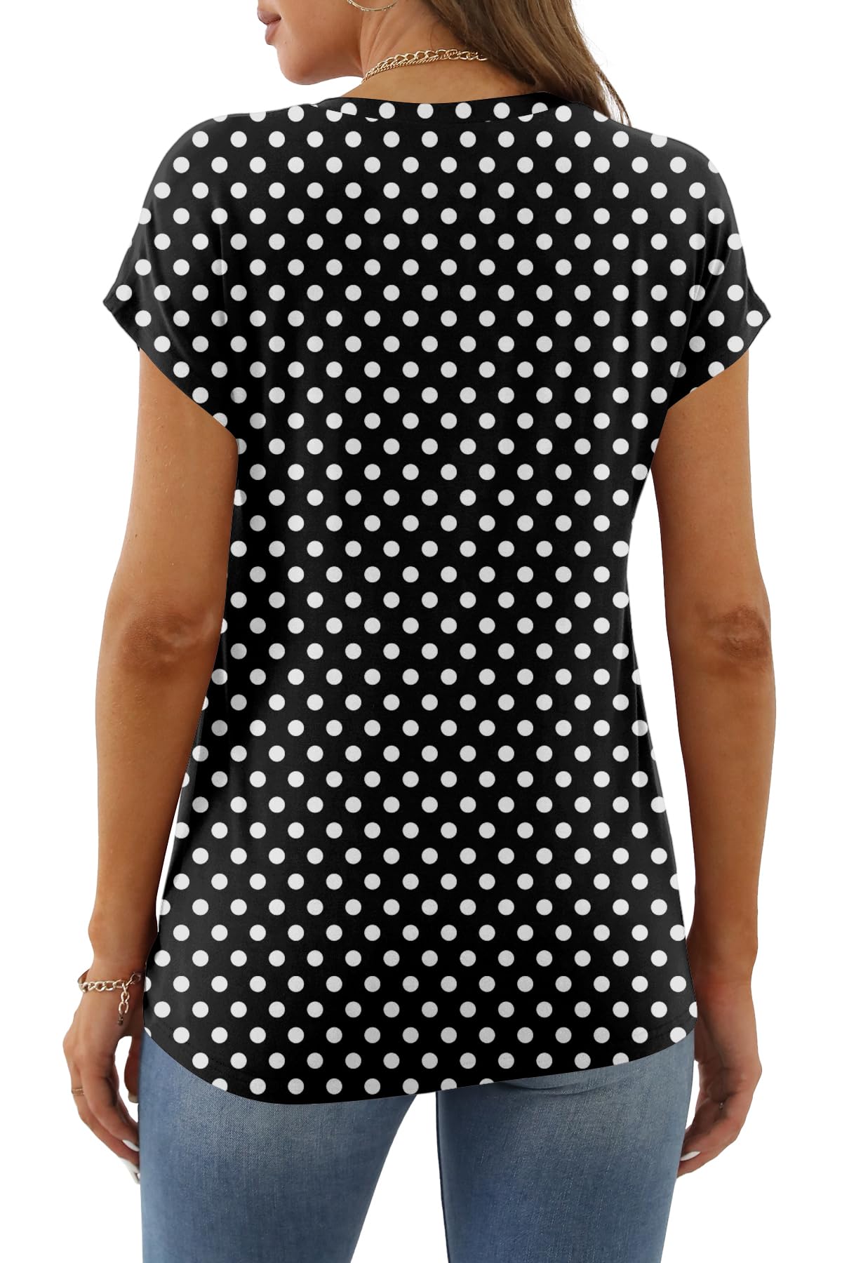 YSYOKOW Women's Blouses Casual Summer Short Sleeve T Shirts Loose Front Twist Tops(Polka Dot Black, X-Large)