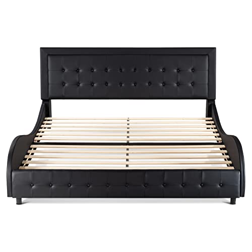 HOOMIC King Size Platform Bed Frame with Adjustable Headboard, Upholstered Bed, Mattress Foundation, Wood Slat Support, No Box Spring Needed, Easy Assembly, Black