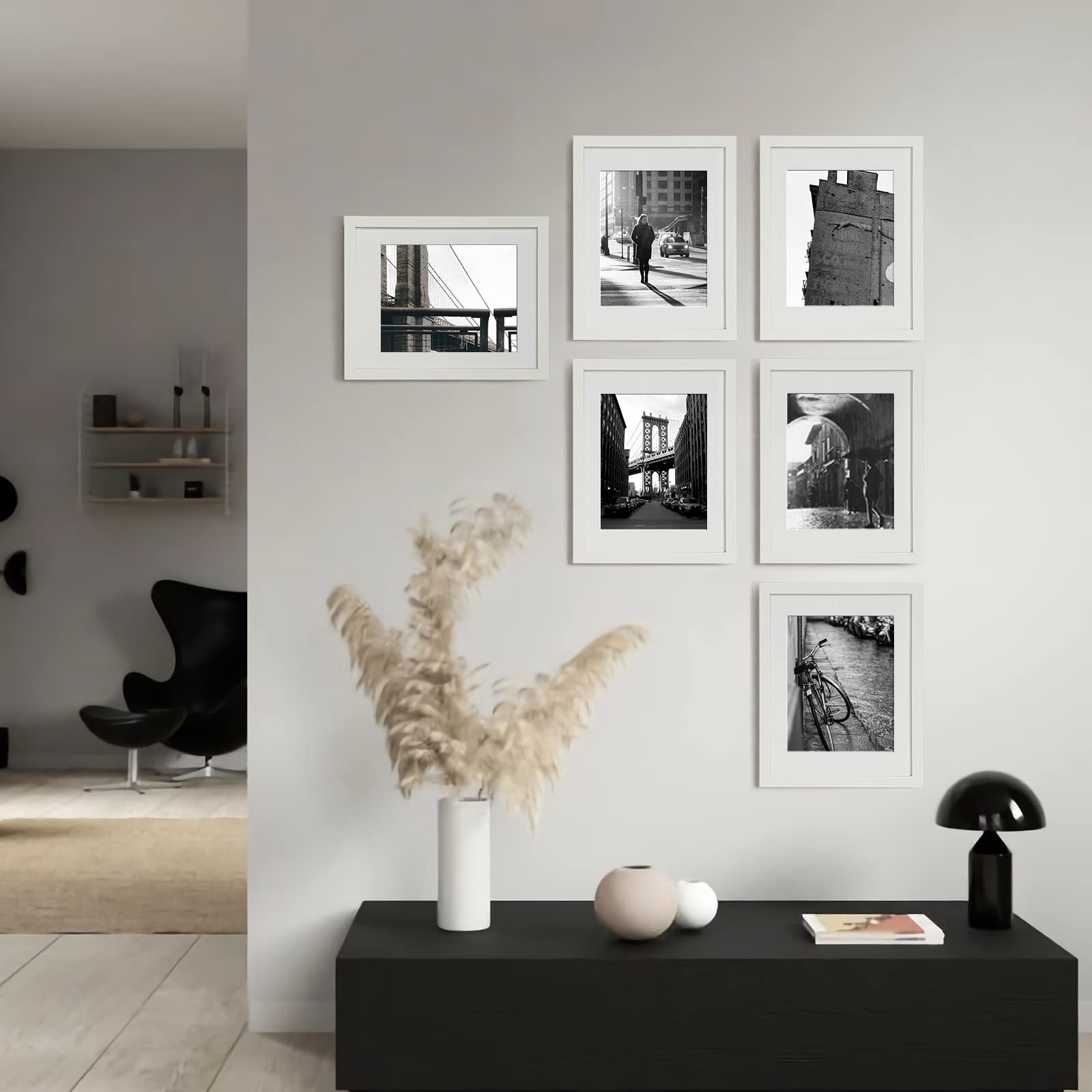 BSRHOME 11x14 Picture Frame Set of 6 with Plexiglass, Display Pictures 8x10 with Mat or 11x14 Without Mat for Tabletop Display and Wall Mounting, White