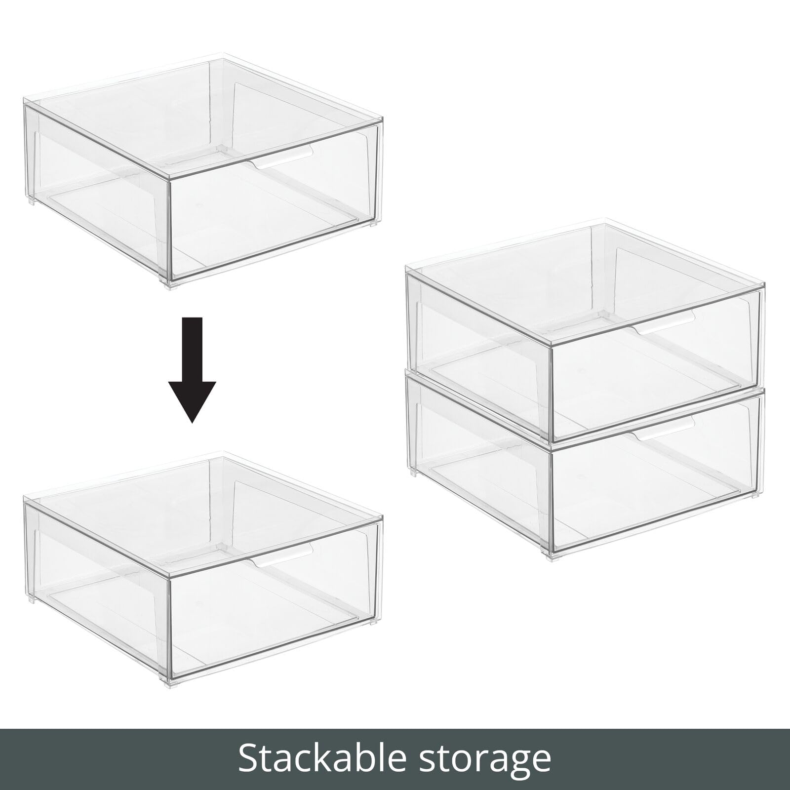 mDesign Plastic Stackable Closet Storage Organizer Bin Containers with Front Pull Drawer for Cabinet, Desk, Shelf, Cupboard, or Dresser Organization - Lumiere Collection - 2 Pack - Clear